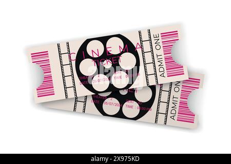 Cinema tickets with barcode. Realistic style front view. Design with film reel. Cinema ticket ...