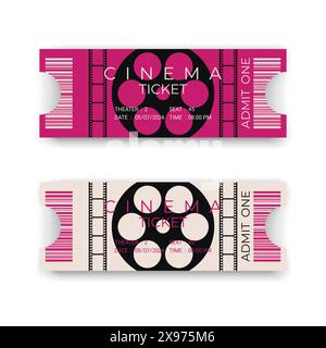 Cinema tickets with barcode. Realistic style front view. Design with film reel. Cinema ticket ...