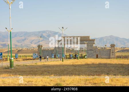 Sarazm, Tajikistan, 20 August 2023: Propaganda billboard of President ...