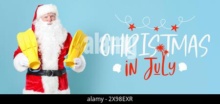 Santa Claus with flippers on light blue background. Christmas in July ...