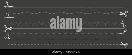 Scissors with cut dotted, curved, zigzag and straight lines. Vector ...
