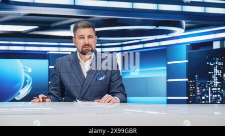 Beginning Evening News TV Program: Male Anchor Presenter Reporting ...