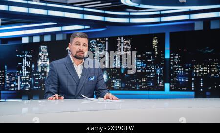 Beginning Evening News TV Program: Male Anchor Presenter Reporting ...