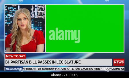 Split Screen TV News Live Report: Anchor Talks. Reportage Montage ...