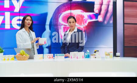 TV Beauty Products Ad Infomercial: Host and Expert Doctor Talk, Present ...