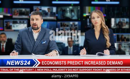 TV Live News Program: Two Diverse Professional Presenters Reporting On ...