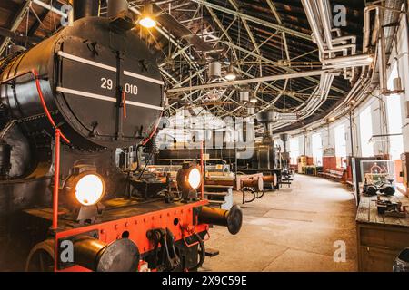vintage steam locomotives on display in a shed at the Slovenian Railway ...