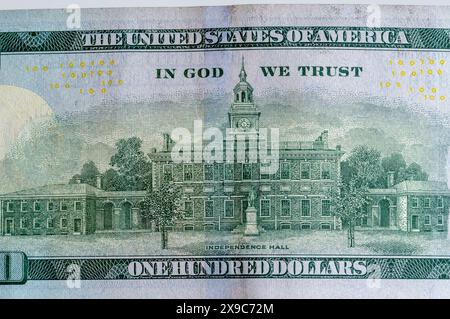 Independence hall on a 100 US dollars bank note made in 2009 Stock ...