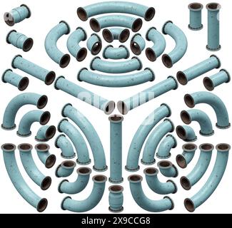 3d render illustration of a set of pipes. Straight and curved sections ...