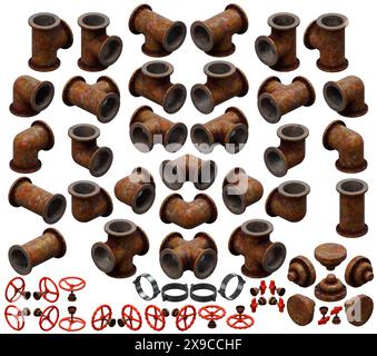 3d render illustration of a set of pipes. Straight and curved sections ...