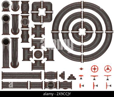 3d render illustration of a set of pipes. Straight and curved sections ...