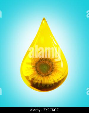 Cooking oil drop with sunflower inside on blue background Stock Photo ...