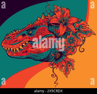 vector illustration of tirannosaurus rex head with leaves and flowers ...