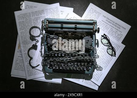 Vintage typewriter with chains on newspapers, closeup. Printing ban ...