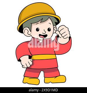 cartoon doodle of work activities, boy firefighter wearing work clothes ...