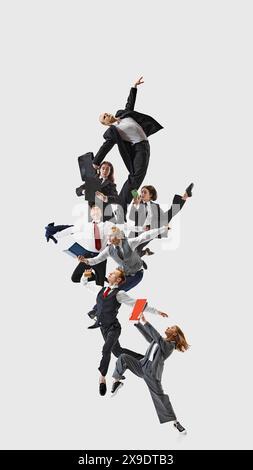 Dynamic collage. Group of business professionals in mid-air poses ...