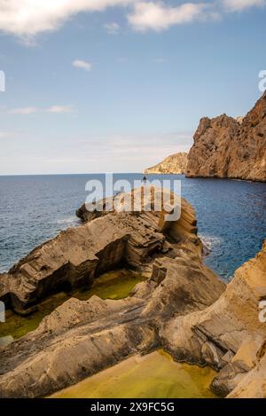 Aerial view of Atlantis natural pools and little cove, Sa Pedrera de ...