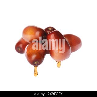 Oil dripping from palm fruits on white background Stock Photo - Alamy