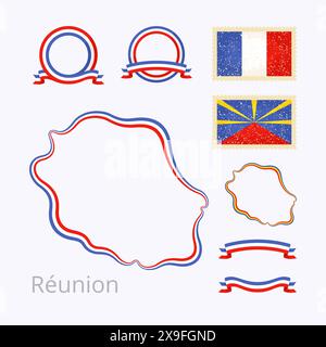 Outline map of Reunion marked with ribbon in colors from the flag Stock ...