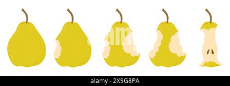 Red Pear eating steps cartoon icon set. Stages of biting red ripe pear ...
