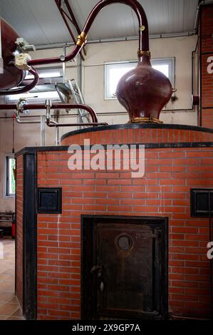 Double distillation process of cognac spirits in Charentias copper ...