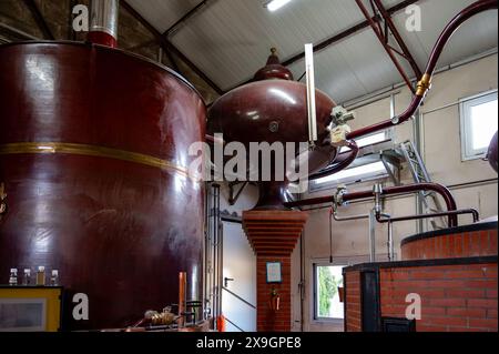 Double distillation process of cognac spirits in Charentias copper ...