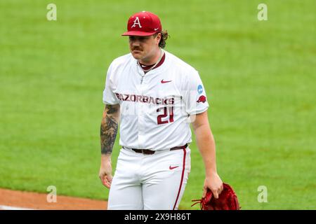 May 31, 2024: Mason Molina #21 Arkansas pitcher works from the mound ...