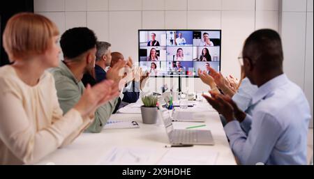 Hybrid Event Training Meeting. Promotion Applause In Virtual Video Call ...