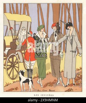 French flappers at a stag hunt in the woods, 1923. Coat and skirt in ...
