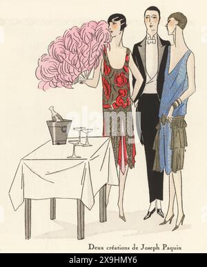 French flappers in short bobs under a canopy on a terrace at the coast ...