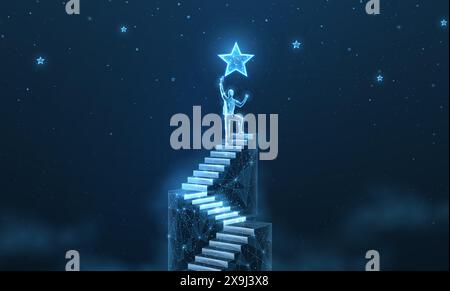 Man on the top of stair reach star. Achieve dream, Career growth, Reach ...