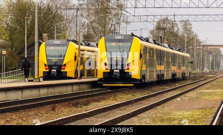 Jurmala, Latvia - 25 04 2024: Two new VIVI trains are waiting for ...