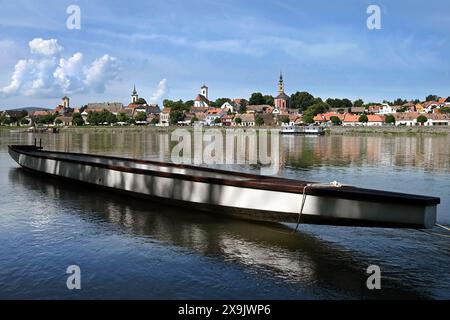 Empty Boat on the Calm Danube River Sunrise Stock Photo - Alamy