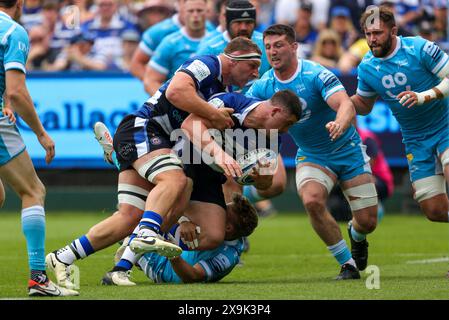 Bath Rugby’ s Alfie Barbeary (left) celebrates scoring a try during the ...