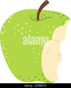 Green juicy bitten apple. Apple eaten cartoon image art. Hand drawn ...