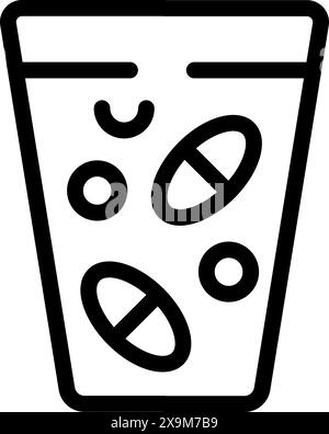 Line drawing of a glass with effervescent tablets dissolving in water ...