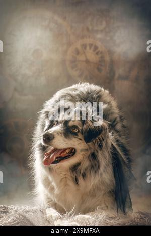 A cute australian shepherd dog cosplay dressed in a steampunk setting ...