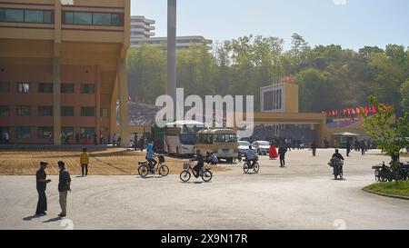 urban infrastructure, Pyongyang residents at the stadium, parking Stock ...
