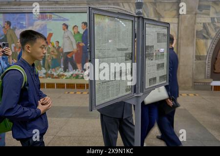 newspaper news and passengers on the Pyongyang subway Stock Photo - Alamy
