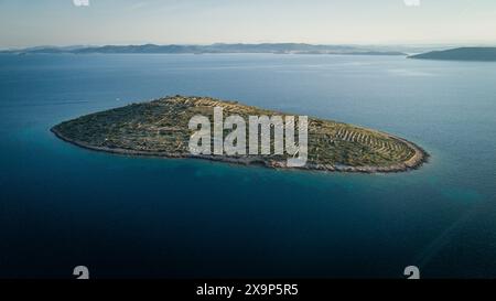 Aerial view of Bavljenac island also known as Fingerprint Island ...