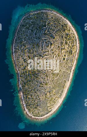 Aerial view of Bavljenac island also known as Fingerprint Island ...