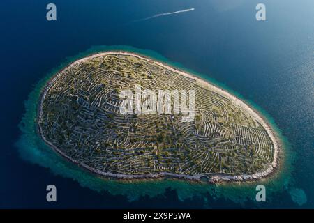 Aerial view of Bavljenac island also known as Fingerprint Island ...