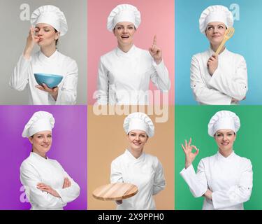 Collage with photos of professional chef on different color backgrounds ...