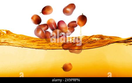 Palm fruits falling into cooking oil on white background Stock Photo ...