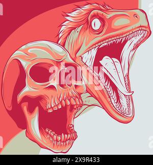 vector illustration of Velociraptor head with human skull Stock Vector ...