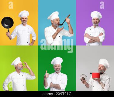 Collage with photos of man and woman cooking on barbecue grill against ...