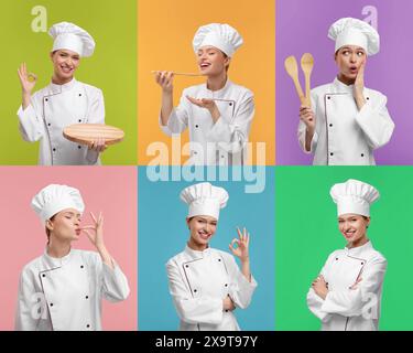 Collage with photos of professional chef on different color backgrounds ...