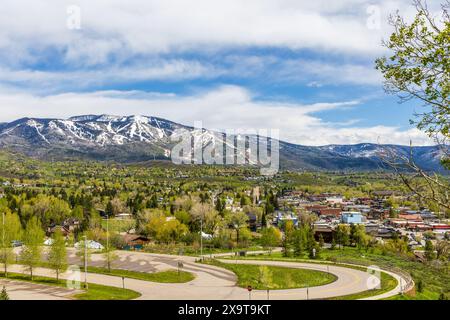 Aerial View of Downtown Steamboat Springs, Colorado, in the spring ...