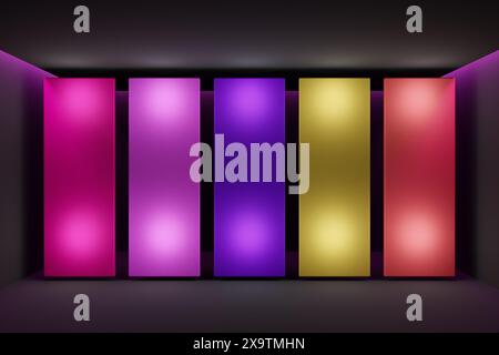 3D illustration of a layout of multi-colored screens in a black room ...
