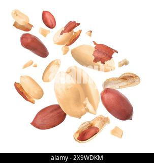 Many peanuts in air on white background Stock Photo - Alamy